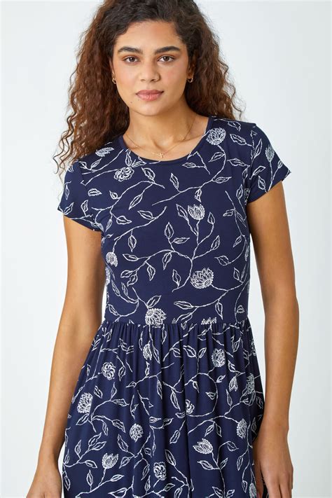 Navy Floral Print Midi Stretch Dress Roman Uk