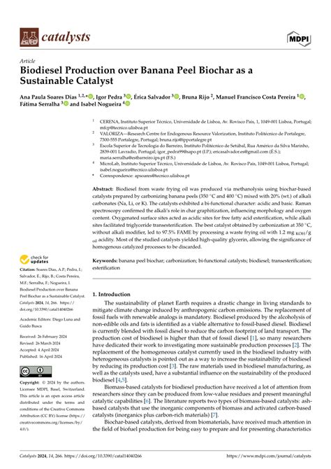 Pdf Biodiesel Production Over Banana Peel Biochar As A Sustainable Catalyst
