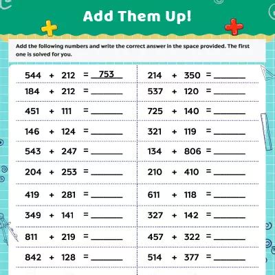 Digit Addition Worksheets Horizontal Addition