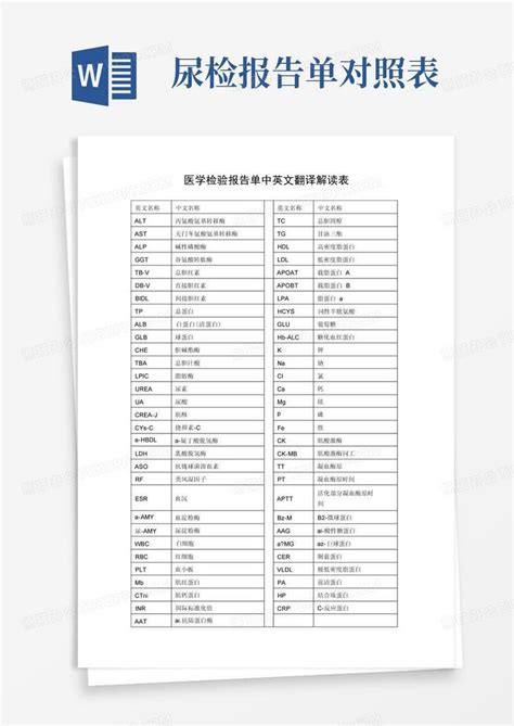 医学检验报告单中英文翻译解读表Word模板下载 编号qbanxxgy 熊猫办公