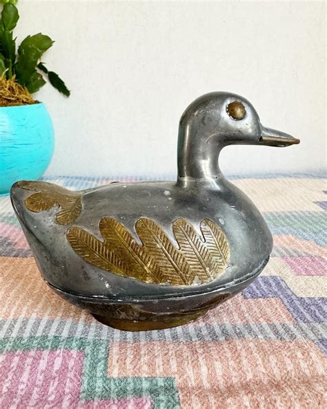 Vintage Pewter And Brass Duck Trinket Box With Lid Brass Pewter Duck