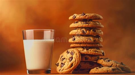 Stack Of Chocolate Chip Cookies With A Glass Of Milk On A Brown