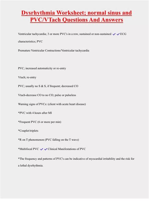 Dysrhythmia Worksheet Normal Sinus And Pvcvtach Questions And Answers