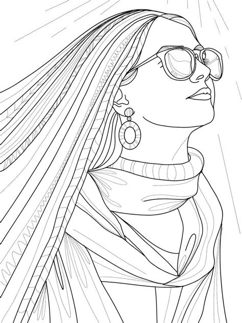 Young Girl With Long Hair Wearing Glasses And Scarf In Doodle Style