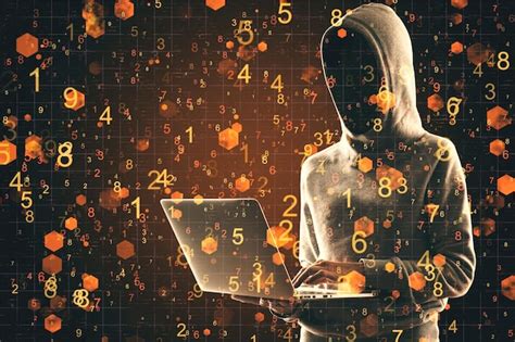 premium photo hacker using laptop with abstract digital big data