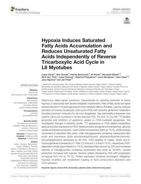 Pdf Hypoxia Induces Saturated Fatty Acids Accumulation And Reduces
