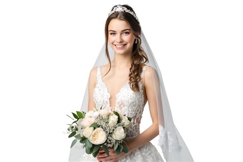 Beautiful Young Bride Stands Wearing A Luxurious Wedding Gown Holding A