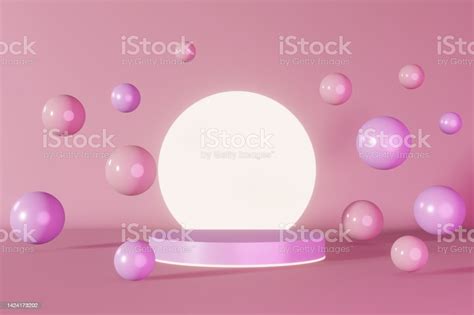 보라색 핑크 네온 실린더 연단 스테이지 3d 렌더링 둥근 받침대 디자인 구성 최소한의 반짝이는 장면 구체를 Abstact 0명에