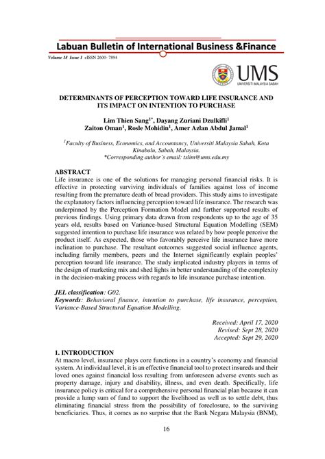 Pdf Determinants Of Perception Toward Life Insurance And Its Impact On Intention To Purchase