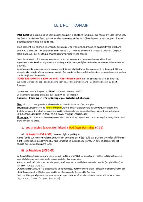 Le Droit Romain Notes De Cours Semestre 1 LE DROIT ROMAIN