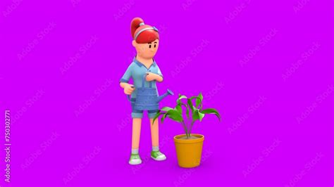 3d Cartoon Character Girl Watering A Potted Plant With The Help Of A
