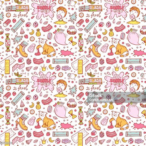풍선껌 벡터 완벽 한 패턴입니다 손으로 그린된 낙서 껌과 사탕 과자 화려한 배경 0명에 대한 스톡 벡터 아트 및 기타 이미지 0명 개체 그룹 과일 Istock