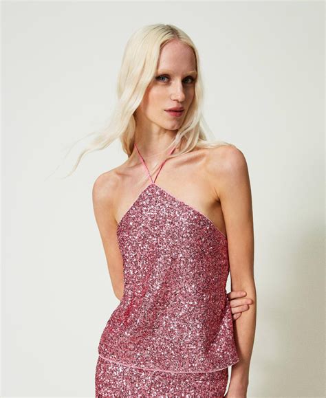 Full Sequin Halter Top Woman Pink Twinset Milano