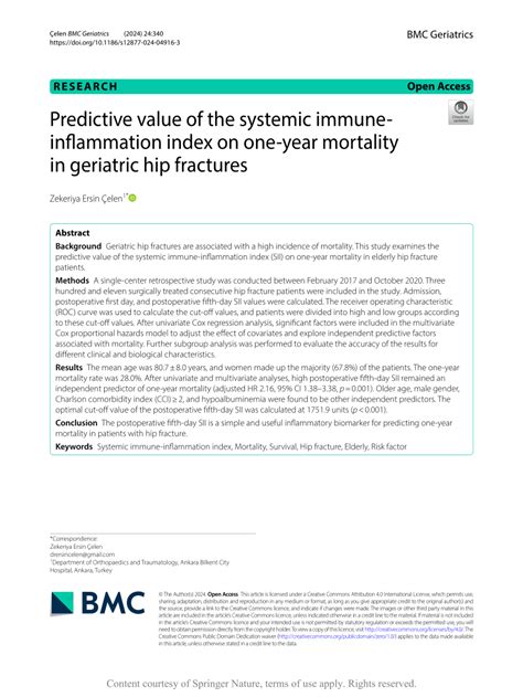Pdf Predictive Value Of The Systemic Immune Inflammation Index On One Year Mortality In