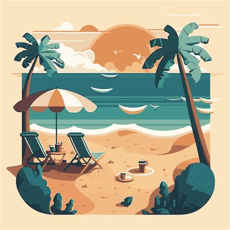 Vector ilustración plana playa con sombrilla y silla sentada sin gente