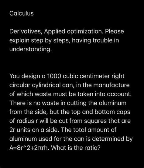 Solved Calculus Derivatives Applied Optimization Please Chegg