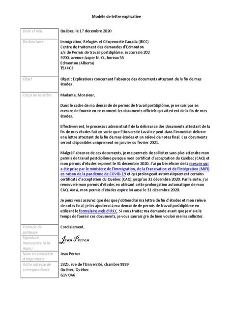 Modele Lettre Explicative Demande Permis Travail Postdiplome Pdf