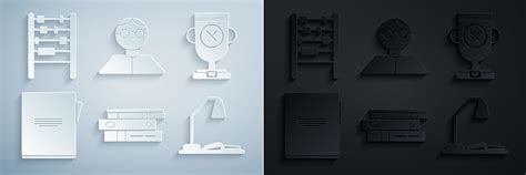 서류 및 문서 어워드 컵 노트북 작업 공간 테이블 램프 열기 학생 및 주판 아이콘이 있는 Office 폴더를 설정합니다 벡터 3차원 형태에 대한 스톡 벡터 아트 및 기타