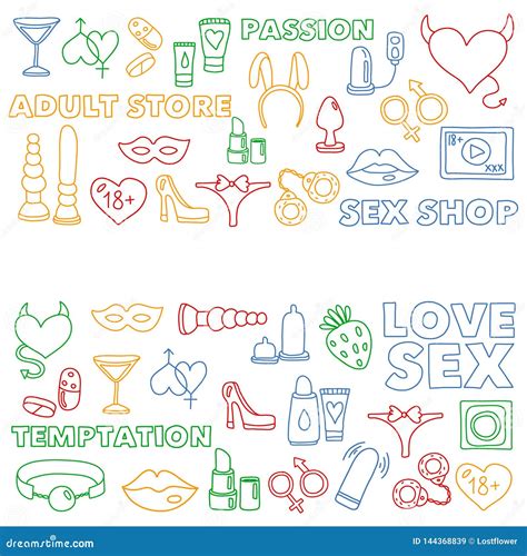 Vector Fijado Con Los Iconos De La Tienda Del Sexo Fondo Er Tico De Los