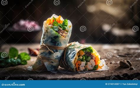 Summer Rolls On Stone Blurred Background Rustic Pub Generative Ai