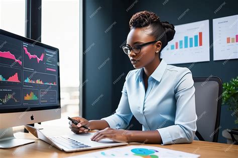 African Businesswoman Using Analytics Data Kpi Dashboard Tech Premium