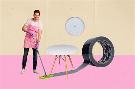 긍정적 인 남자가 바닥 청소실을 청소하는 데 고립 된 그림 배경의 콜라주 포스터 사진 30 34세에 대한 스톡 사진 및 기타 이미지 30 34세 3차원 형태 가사