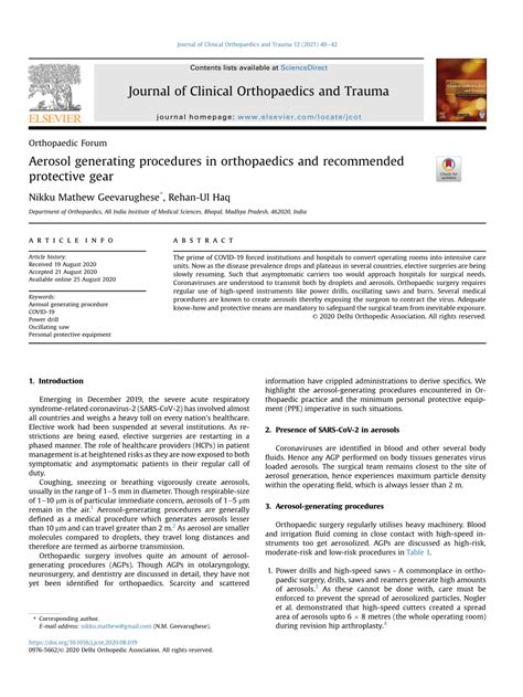 Pdf Aerosol Generating Procedures In Orthopaedics And Recommended