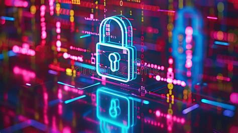 neon lit padlock with data lines and binary code in digital space stock