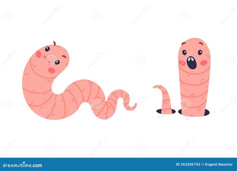 Funny Pink Worm Character With Long Tube Body Vector Set Stock
