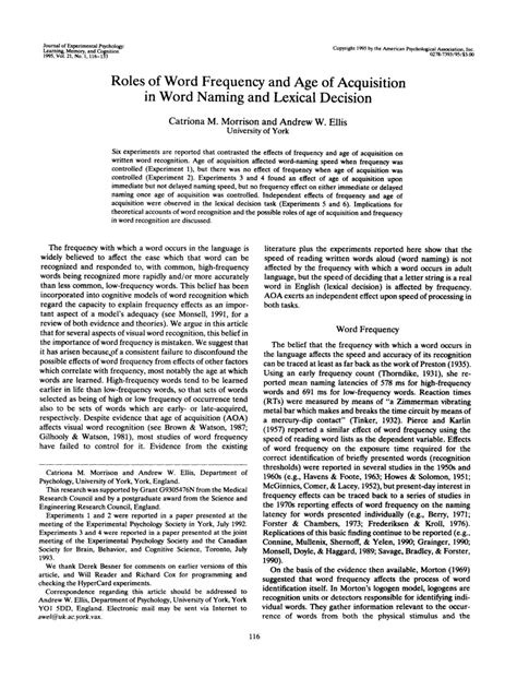 Pdf Roles Of Word Frequency And Age Of Acquisition In Word Naming And Lexical Decision