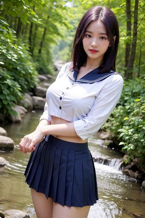 Ai로 생성한 시골계곡에서 노는 세라복입은 여학생 그리기 만들기 2024 귀여운 아시아 소녀 여자 패션 소녀 의상
