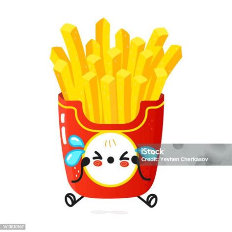 귀여운 슬픈 감자 튀김 캐릭터 벡터 손으로 그린 만화 카와이 캐릭터 일러스트 레이 션 아이콘 흰색 배경에 고립되어 있습니다 슬픈 감자 튀김 캐릭터 개념 가지 식물 부위에