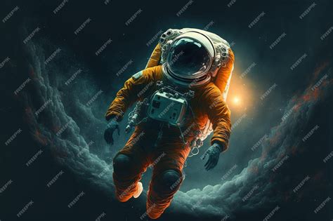 생성 인공 지능 기술을 사용하여 생성된 별과 함께 우주에 떠 있는 주황색 옷을 입은 우주 비행사 프리미엄 사진