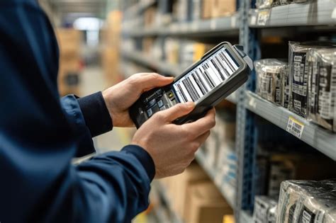 Warehouse Worker Using A Handheld Scanner To Scan Inventory Premium
