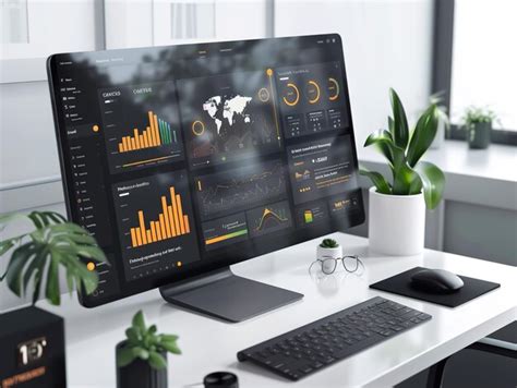 Modern Minimalist Workspace With Data Analytics Displayed On A Desktop