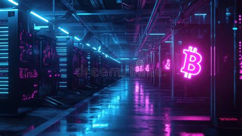 High Tech Cryptocurrency Mining Data Center With Neon Bitcoin Symbol In