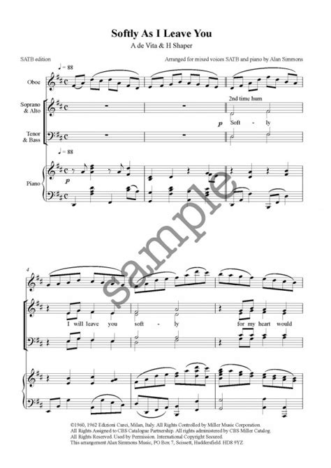 Softly As I Leave You With Additional Oboe Accompaniment Satb