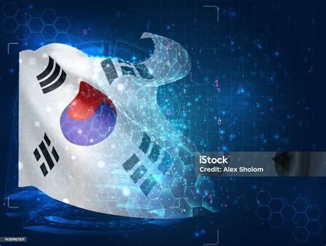 한국 벡터 플래그 파란색 배경에 삼각형 다각형에서 가상 추상 3d 개체 비디오 게임에 대한 스톡 벡터 아트 및 기타 이미지