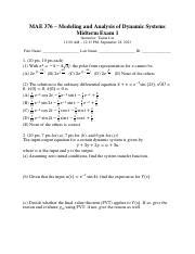 Modeling and Analysis of Dynamic Systems: Midterm Exam 1 | Course Hero