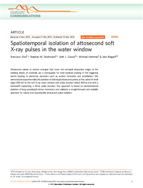 Pdf Spatiotemporal Isolation Of Attosecond Soft X Ray Pulses In The Water Window