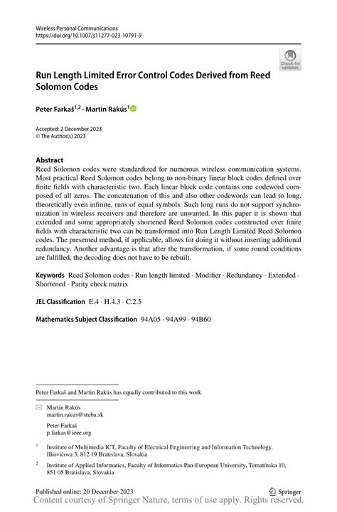 PDF Run Length Limited Error Control Codes Derived From Reed Solomon