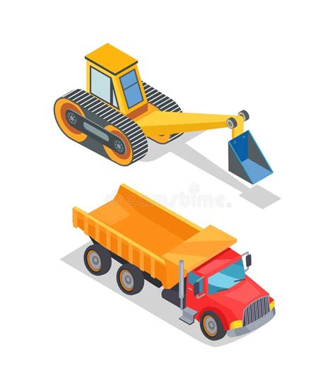 Excavator And Truck With Empty Loading Container Stock Vector