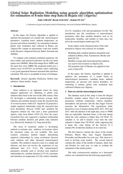 Pdf Global Solar Radiation Modeling Using Genetic Algorithm