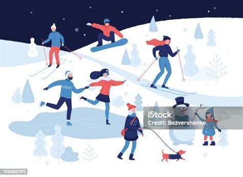 파크 스키 스케이트 스노우보드 여 자가 개를 산책에 겨울 활동 하는 사람들 여자 귀여운 눈사람을 만드는 만화 플랫 디자인 흰색 절연에 문자 벡터 일러스트 레이 션 겨울에