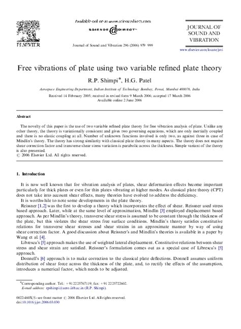 Pdf Free Vibrations Of Plate Using Two Variable Refined Plate Theory