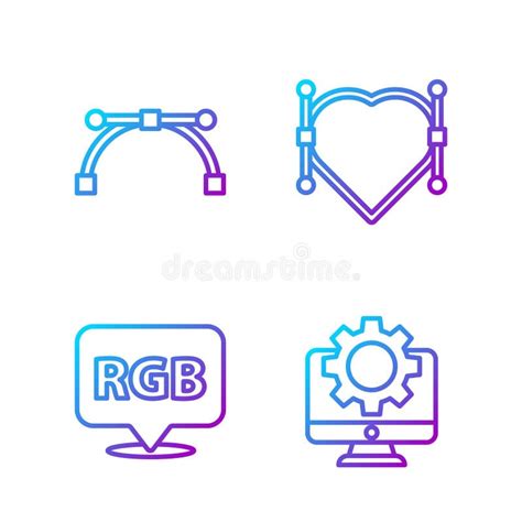 Set Line Computer Monitor And Gear Speech Bubble With Rgb And Cmyk Bezier Curve And Heart With