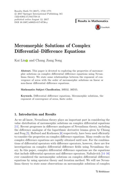 Pdf Meromorphic Solutions Of Complex Differentialdifference Equations
