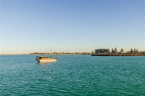 Vintage Fishing Boat Anchored In Guichen Bay Near Robe At Sunset Stock
