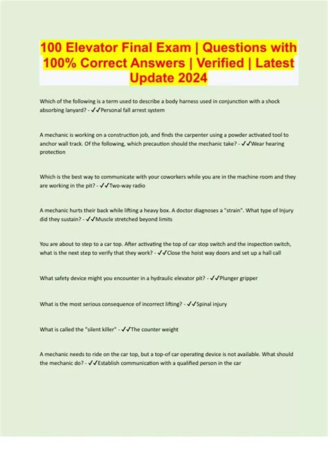 Elevator Final Exam Questions With Correct Answers Verified Latest Update