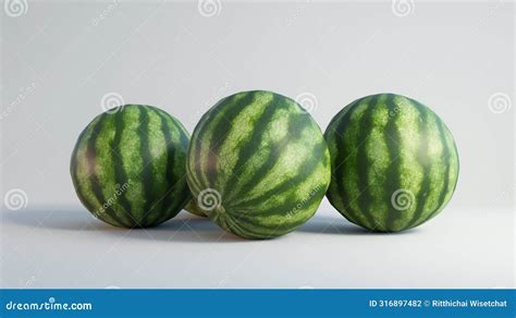 Three Ripe Watermelons With Distinctive Green Stripes On A Light
